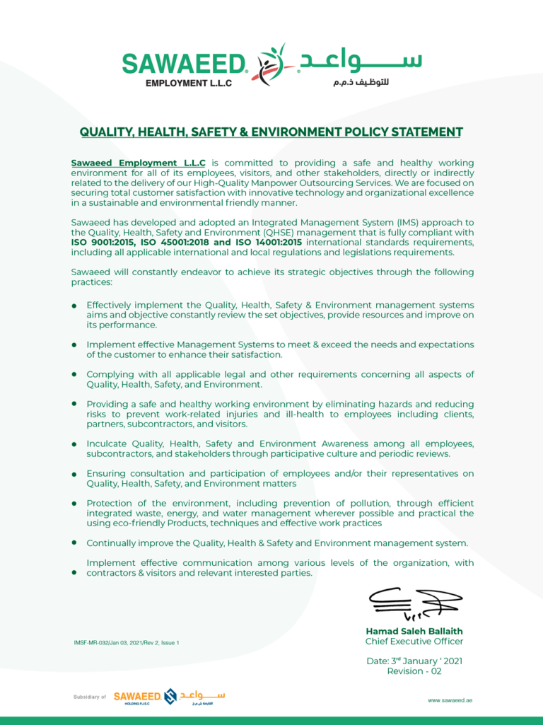 Quality, Health, Safety & Environment Policy Statement | Sawaeed